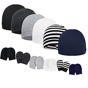 Century Star Newborn Hats Baby Hats and Mittens Knit Infant Baby Hat for Boys Girls Newborn Beanie and Mitten Set D Black&White&Grey&Dark Grey&Navy&Stripes 0-6 Months