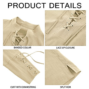 Mens Medieval Pirate Shirt Steampunk Retro Renaissance Viking Long Sleeve Lace Up Mercenary Halloween Scottish Tops Beige