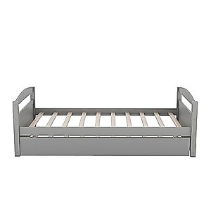 LLS Twin Size Daybed with Trundle, Solid Wood Daybed Frame with Headboard and Footboard, Space Saving Platform Bed Sofa Bed with Sturdy Slats Support, No Box Spring Needed, Gray