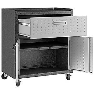 Pemberly Row Space Saving Metal 3 Piece Garage Storage Set with Two Mobile Cabinets with Drawer and 72" W Worktable