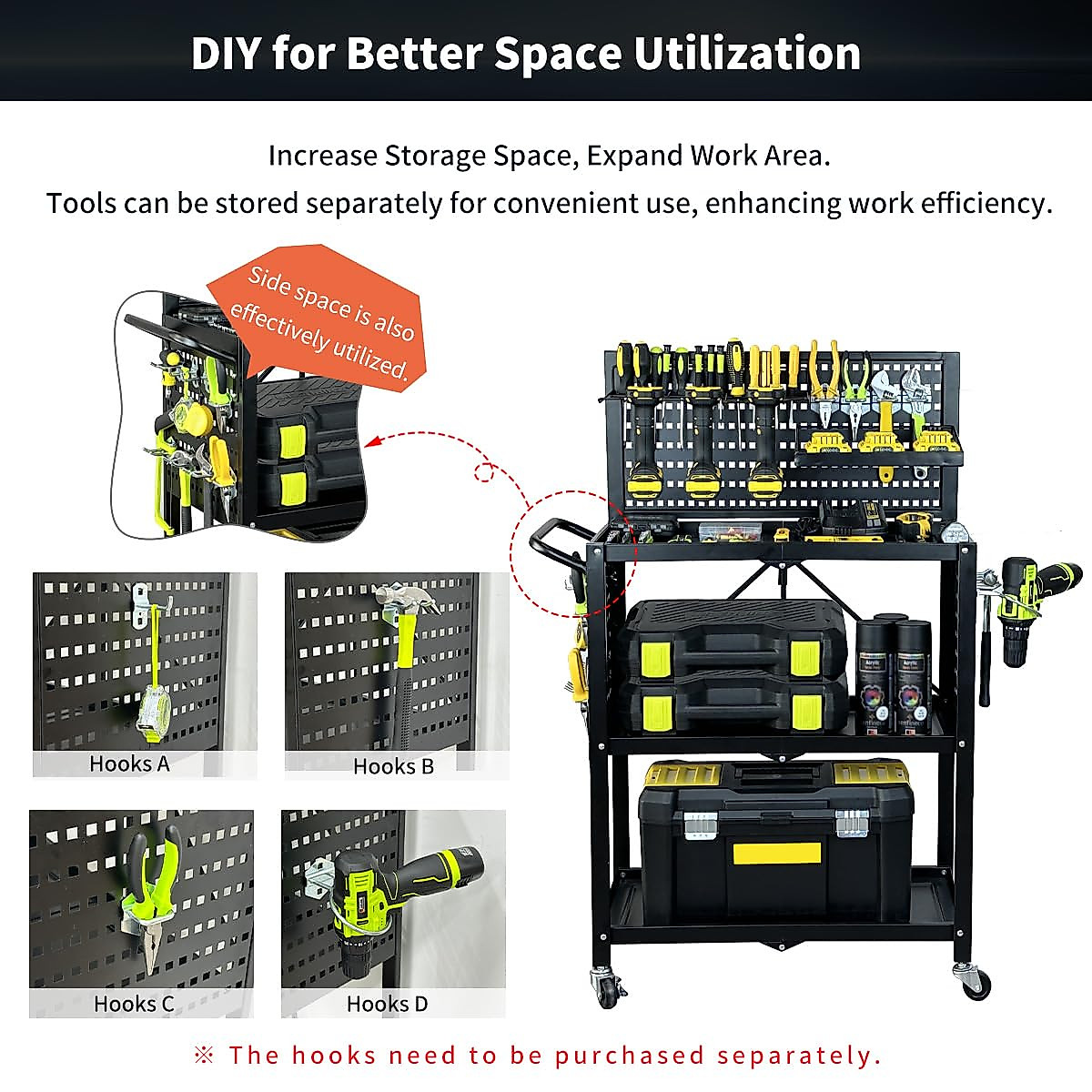 Lumizone 3-Tier Foldable Rolling Tool Cart with Wheels, Utility Cart with Pegboard for Garage Organizer and Tool Storage, Power Tool Storage Cart on Wheels (Tool Cart)