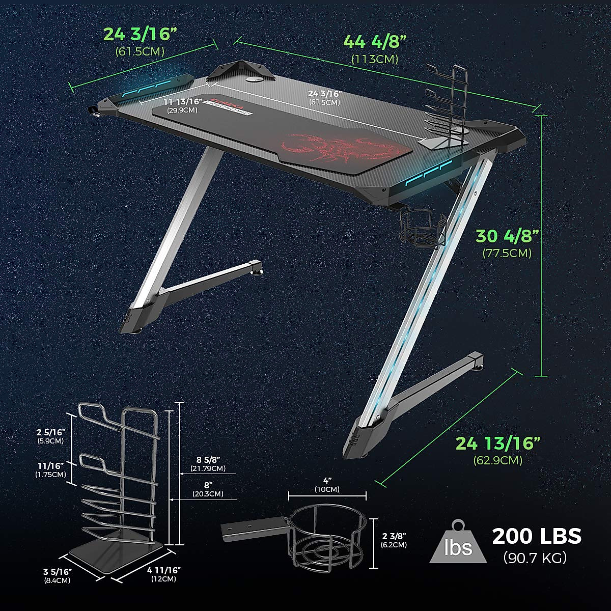 EUREKA ERGONOMIC Z1S PRO Gaming Computer Desk RGB LED Lights 44.5 inch Z Shaped Home Office PC Gaming Desks Table with Cup Holder Headset Hook & Mouse Pad, Sliver