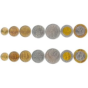 7 Coins from Portugal | Portuguese Coin Set Collection 1 5 10 20 50 100 200 Escudos | 1986-2001 | Pedro Nunes | Garcia De Orta | Ship | Nautical Compass
