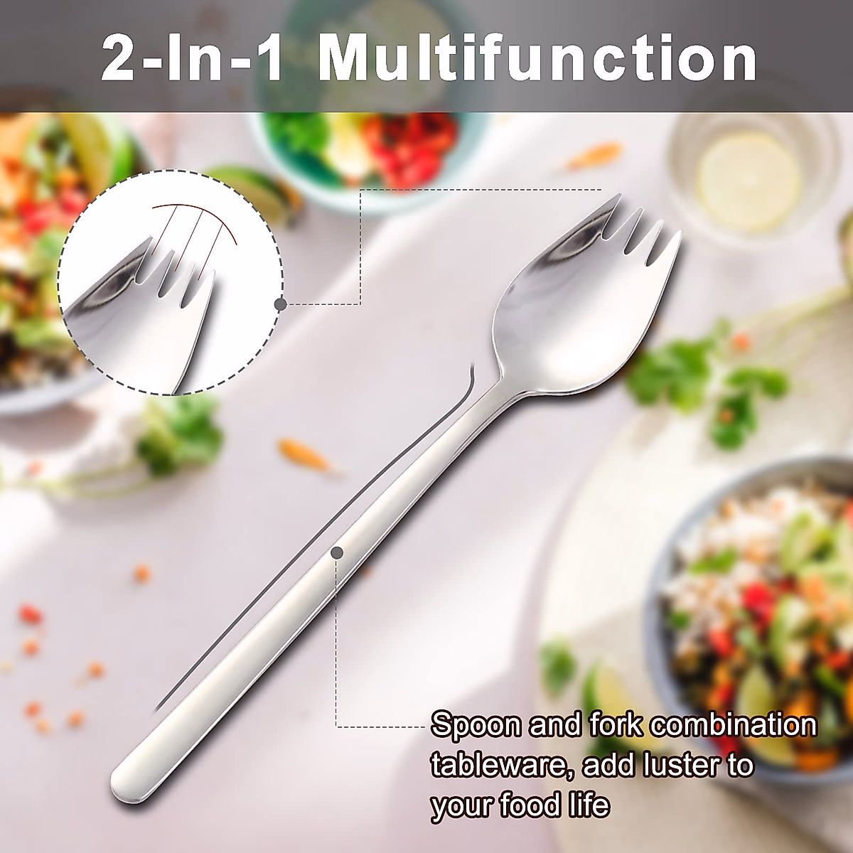 PDCTACST Metal Sporks Set of 6, 18/10 Stainless Steel Salad Spork Utensils, 7.9 Inches Long Handle Dessert Spoons, Ice Cream Spoons Salad Forks Flatware Set, for Fruit Appetizer Dessert Household Use