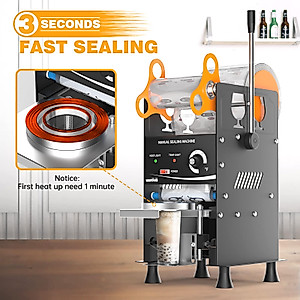 WantJoin Manual Cup Sealing Machine 300-500 Cups/h Electric Boba Tea Cup Sealer for 180mm Tall 90mm/95mm Diameter Cup Adjustable Temperature Cup Sealer