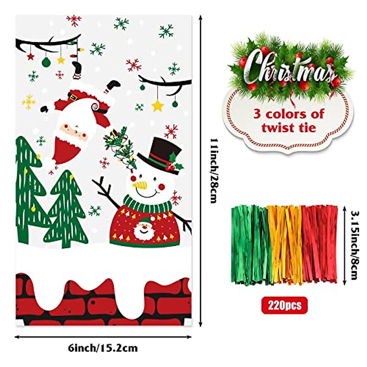 Moretoes 216pcs Christmas Treat Bags Cellophane Bags with 180pcs Twist Ties Snowflake & Gingerbread Man 12 Assorted Styles Goodie Bags for Christmas Party Supplies