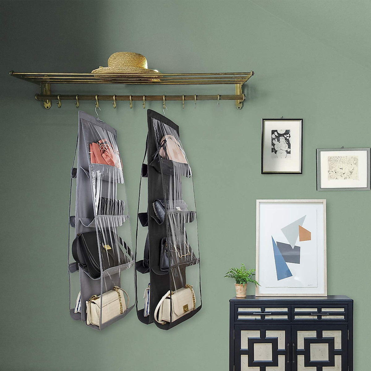 EsLuker.ly 2Pcs Hanging Purse Bag Organizers with 8 Large Easy Access Pockets, Premium Clear Handbag Storage Holder Space Saving Organizer System for Closet Wardrobe (Black)