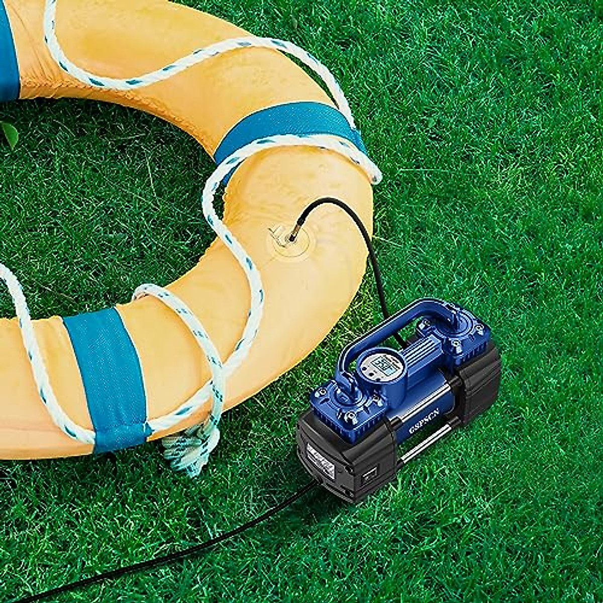 GSPSCN Portable Digital Car Tire Inflator with Gauge 150Psi Auto Shut-Off, Heavy Duty Double Cylinders 12V Air Compressor Pump w/Emergency LED Light for Auto,Truck,Car,Bicycles,RV,SUV,Balls etc. Blue