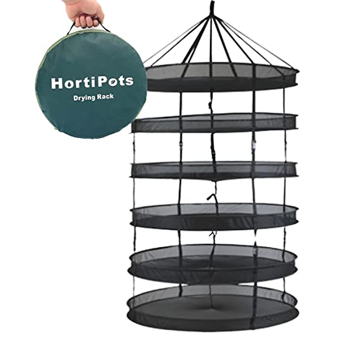 HORTIPOTS Herb Drying Rack 360 Degree Access 3 Feet Clip Adjustable Center Support Straps NO Sagging Fine Mesh Netting (Heavy Duty Clips 3FT)