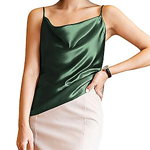 Miqieer Basic Women's Silk Tank Top Ladies V-Neck Camisole Silky Loose Sleeveless Blouse Satin Tank Shirt(Cowl Neck-Green,M)
