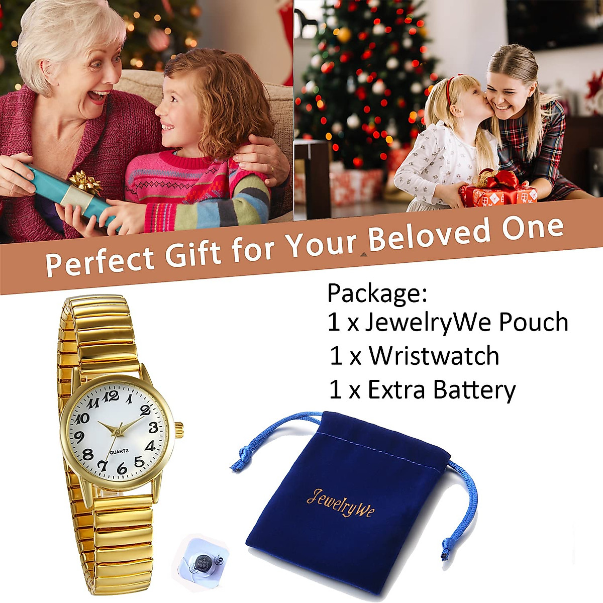 JewelryWe Women's Ultra Thin Easy Reader Watch with Elastic Strap, Golden/Silver Watch