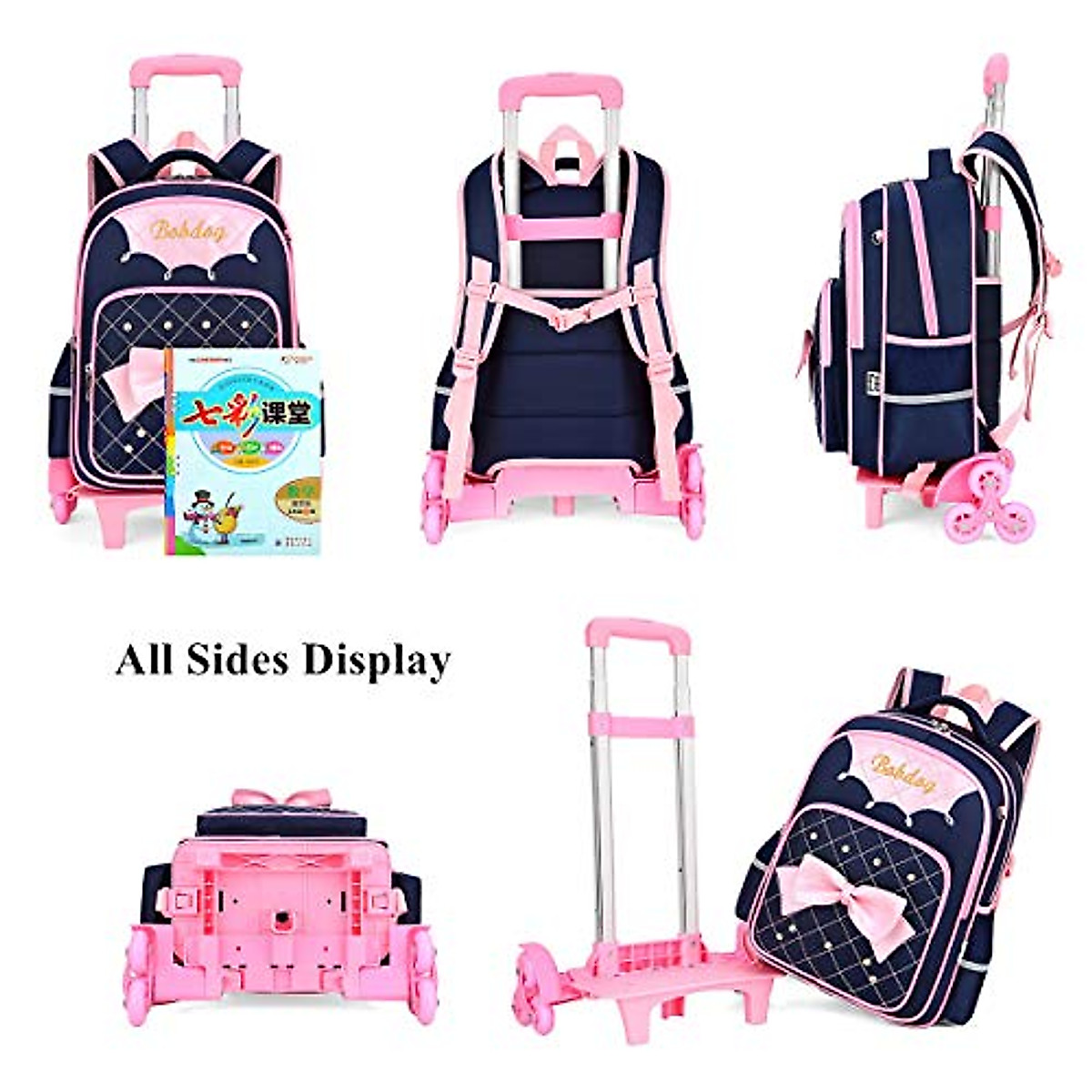 Cute Print Bowknot Trolley Backpack Elementary Middle School Rolling Bag Wheeled BookBag for Kids Girls