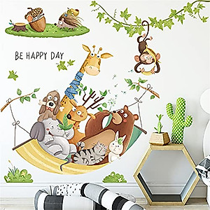 WAFT YEARN Waterproof Removable Watercolor Vinyl PVC Giraffe Safari Animal Wall Decal Wall Sticker Decor Nursery Kids Room Classroom Living Room Bedroom Bathroom Colorful Safari Jungle Wallpaper