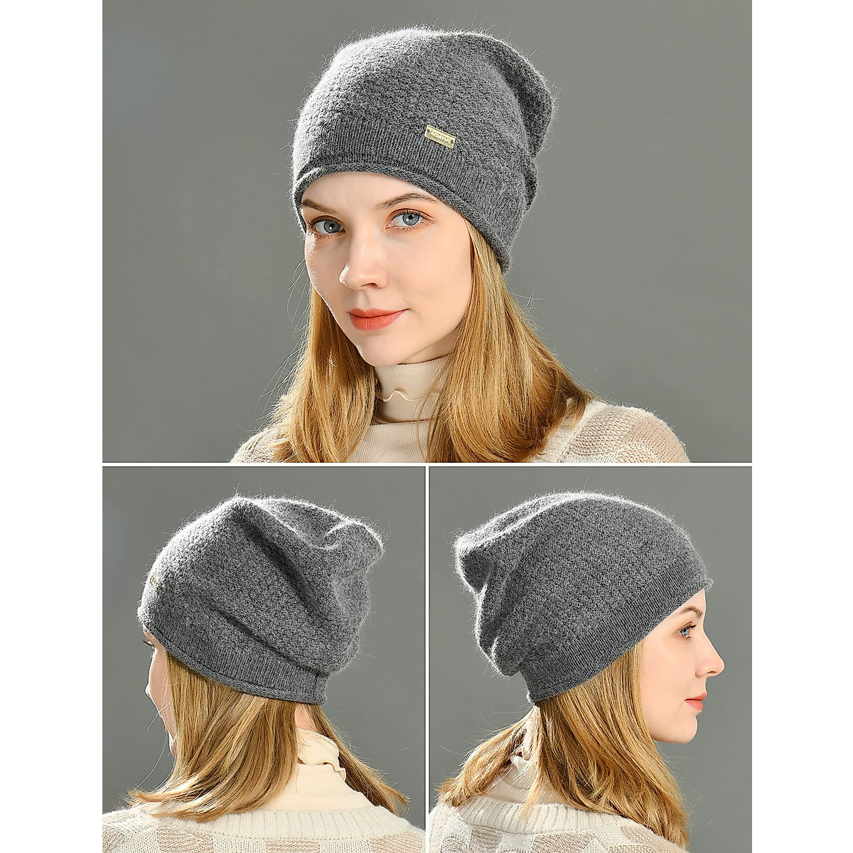 jaxmonoy Slouchy Beanies for Women Winter Soft Warm Cashmere Hat Skull Cap Ladies Knit Wool Beanie hat for Women - Dark Grey