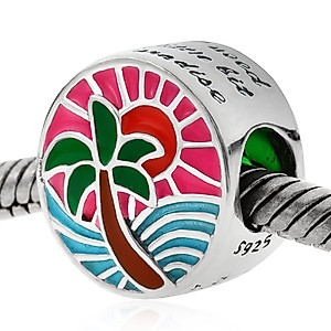 ARTCHARM Tropical Sunset Charm 925 Sterling Silver Palm Tree Ocean Sun Beads Sea Waves Charms