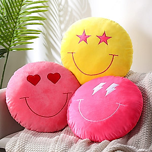 3 Pcs 16 Inch Face Emoticon Cushion Stuffed Plush Pillow, 3D Round Throw Pillows with Embroidery Pattern Cute Round Floor Cushion Decorative Plush Throw Pillows for Car, Bed, Couch, Sofa, Office Home