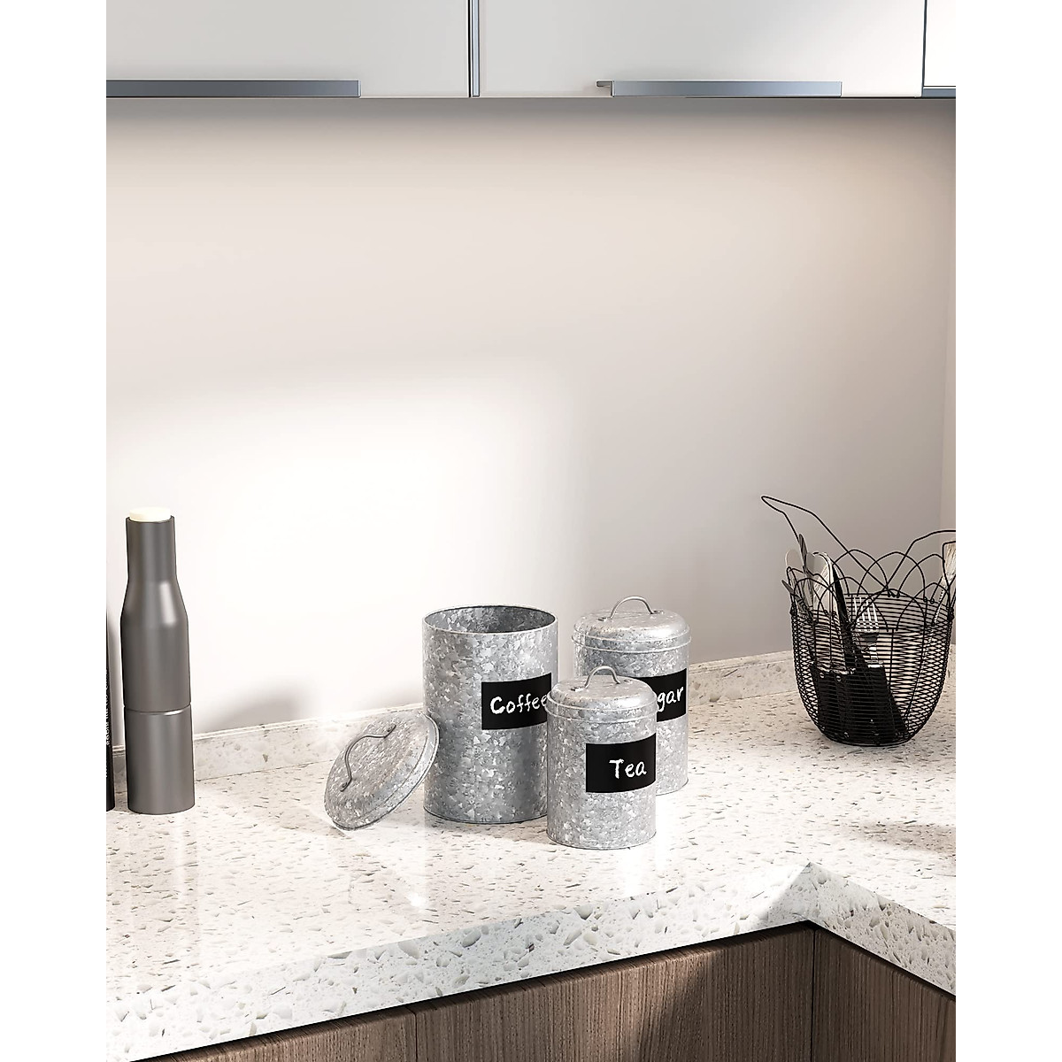 LF LIKEFAIR Farmhouse Kitchen Canisters Set of 3,Food Storage Containers for Home Kitchen, Tea, Herbs, Sugar, Salt, Coffee, Flour, Herbs (Silver)