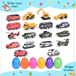 FUN LITTLE TOYS 18Packs Easter Eggs Prefilled with Die-cast Cars Toy Vehicles for Toddlers, Easter Party Favors / Basket Stuffers, Goodie Bags Fillers, Classroom Prizes