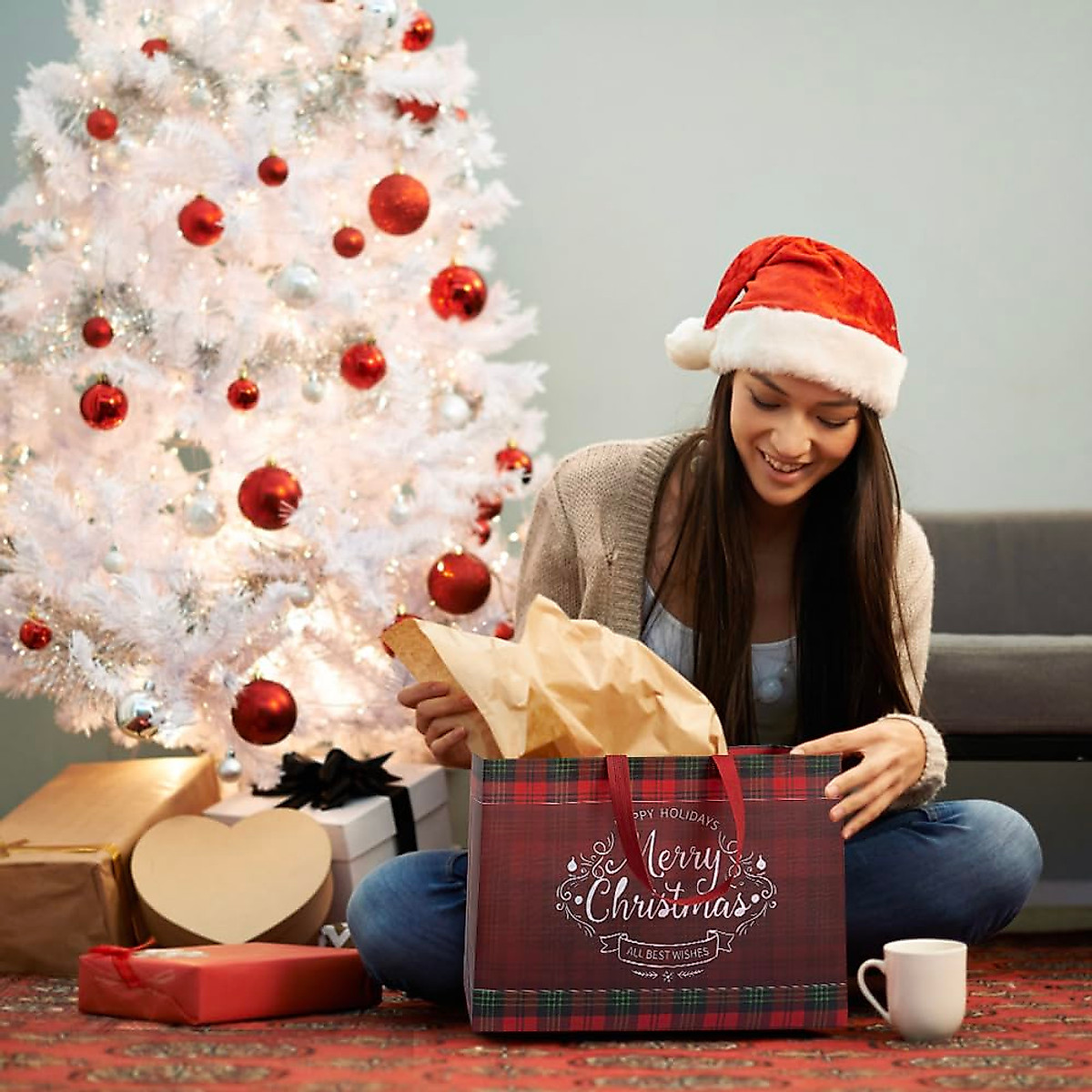 ZUIYIN 12Pcs Extra Large Christmas Gift Bags With Gift Tags, Gift Bags Reusable Shopping Bags have Santa Claus Plaid Merry Christmas ​Pattern of Gift Bag for Christmas Party, Christmas Surprise