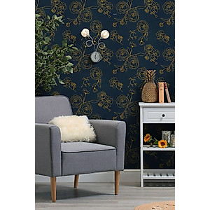 118"x17.3" Peel and Stick Wallpaper Gold and Blue Contact Paper Dark Blue Wallpaper Removable Wallpaper Floral Contact Paper for Walls Covering Vinyl Rolls
