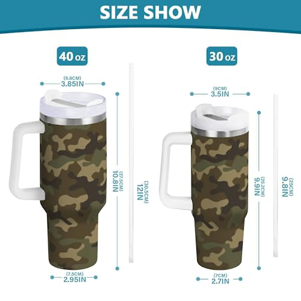 GKCLOCK 40 oz Tumbler with Handle and Straws, Insulated Reusable Stainless Steel Travel Coffee Mug Water Bottle for Office & Outdoor, Cupholder Friendly (Green Camouflage Style)