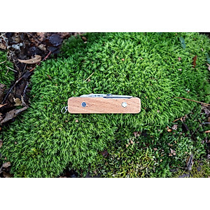 Kikkerland Huckleberry First Pocket Knife, Compact 4 in 1 Tools, Lightweight, Wood Handle, Stainless Steel, Keyring, For Camping, Hiking and Fishing