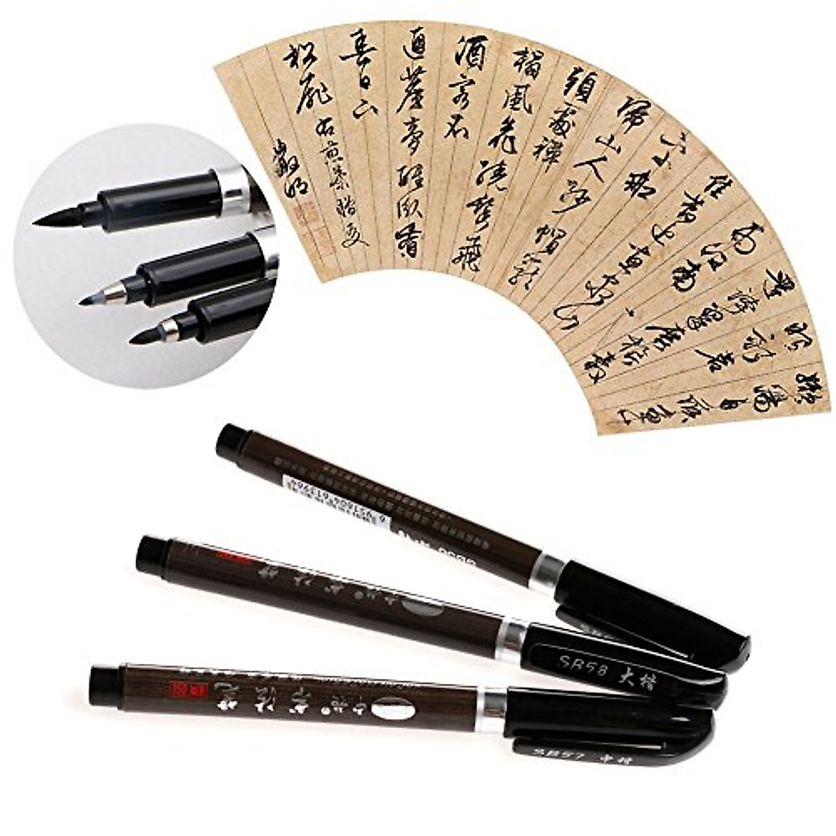6Pcs Chinese Pen Japanese Calligraphy Writing Brush Water Ink Painting Pen for Chinese Writting Beginner, 3 Size Set
