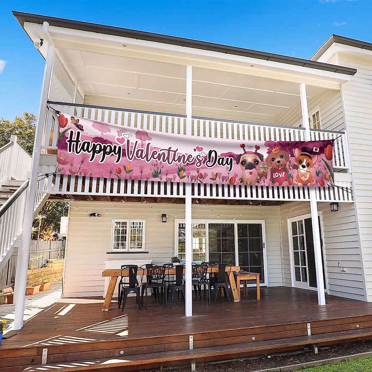 Large Happy Valentines Day Banner Outdoor Decorations 120" x 20" Valentine's Yard Sign Purple Flowers Cute Dogs Love Hill Holiday Party Supplies Valentine Backdrop Home Decor with Brass Grommets for Garden House Fence Garage Indoor Gifts Anniversary Weddi