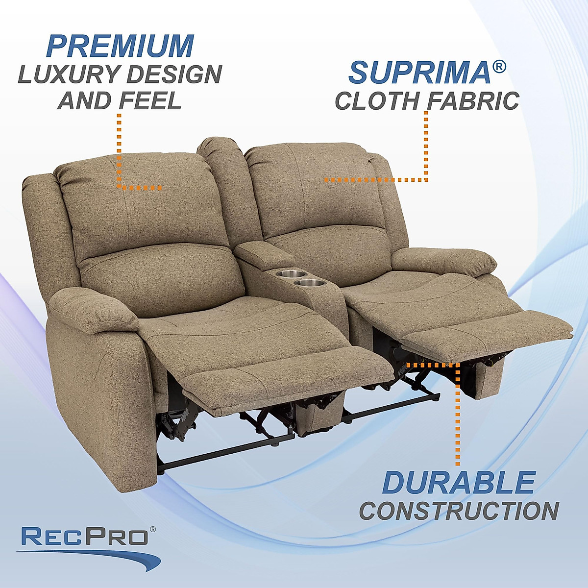 RecPro Charles 64" Double Recliner RV Sofa with Console and Cupholders | Zero Wall Loveseat for Camper | Wall Hugger Couch | Fifth Wheel Theater Seating | Replacement RV Furniture | Oatmeal Cloth