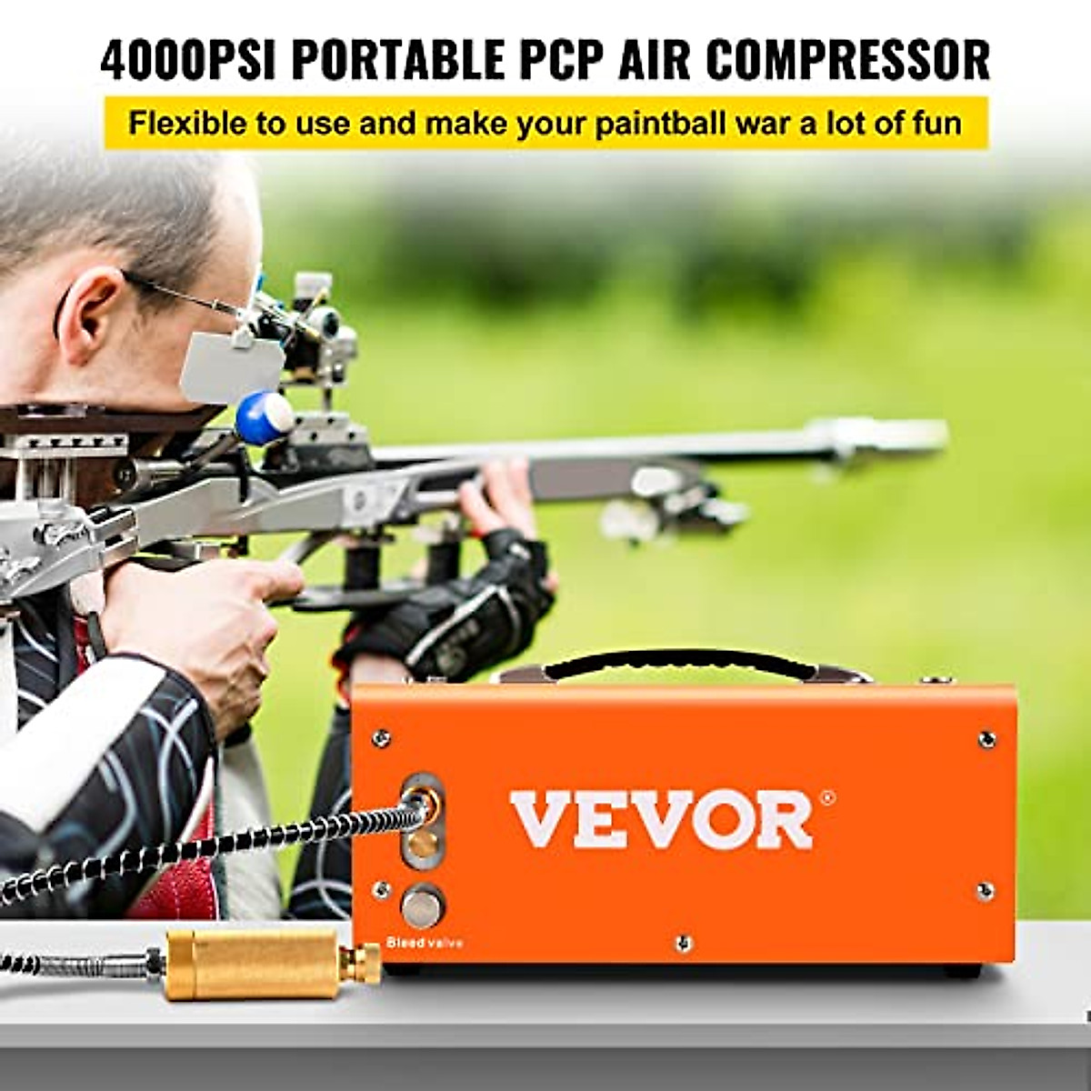 VEVOR PCP Air Compressor, 4500PSI Portable PCP Compressor, 12V DC 110V/220V AC PCP Airgun Compressor Auto-stop, w/Built-in Adapter, Fan Cooling, Suitable for Paintball, Air Rifle, Mini Diving Bottle