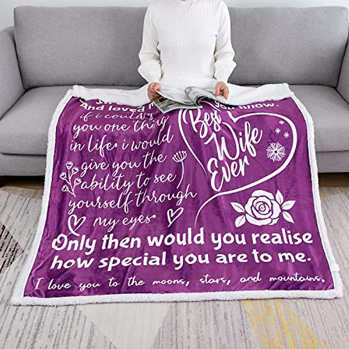 Wife Blanket Happy Anniversary Romantic Gifts - Luxurious Throw Blankets with Loving Messages for Gift for Her | Snuggly Soft Blanket from Husband for Valentine's Day Wife Gifts | 50" X 60"