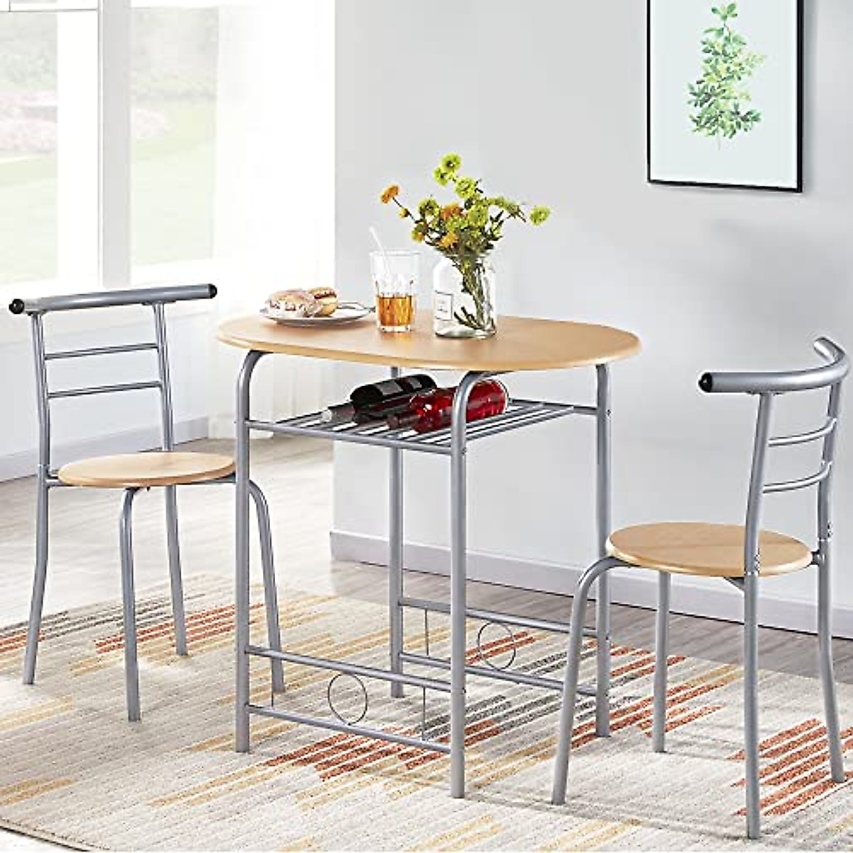 Yaheetech 3-Piece Dining Table Set, Kitchen Table & Chair Sets for 2, Compact Table Set w/Steel Legs, Built-in Wine Rack for Breakfast Nook, Small Space, Apartment, Natural