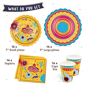 Mexican Fiesta Paper Plates Serves 16 Guests - Includes 16 Large Dinner Plates, 16 Dessert Plates, 16 Cups, and 16 Napkins | Perfect for Birthday, Taco Party, Cinco de Mayo and More