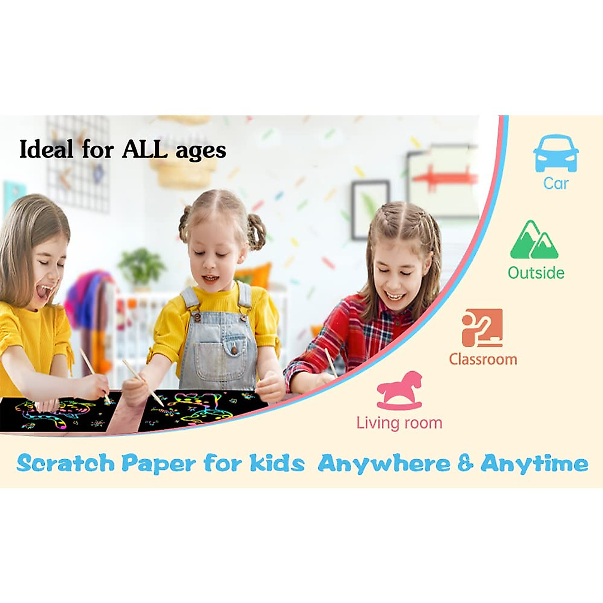 MAXZONE Scratch Paper Art Notebooks - Rainbow Scratch Off Art Kits for Kids Activity Color Book Pad Black Magic Art Craft Supplies Kits for Girls Boys Birthday Party Favor Game Christmas Toys Gift