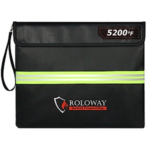 ROLOWAY Fireproof Document Bag (14 x 11 inch) with 5200℉ Upgraded Aluminum Foil Layer, Fireproof Bag for Documents with Reflective Strip, Fireproof Money Bag for Cash Safe with Zipper (Black)