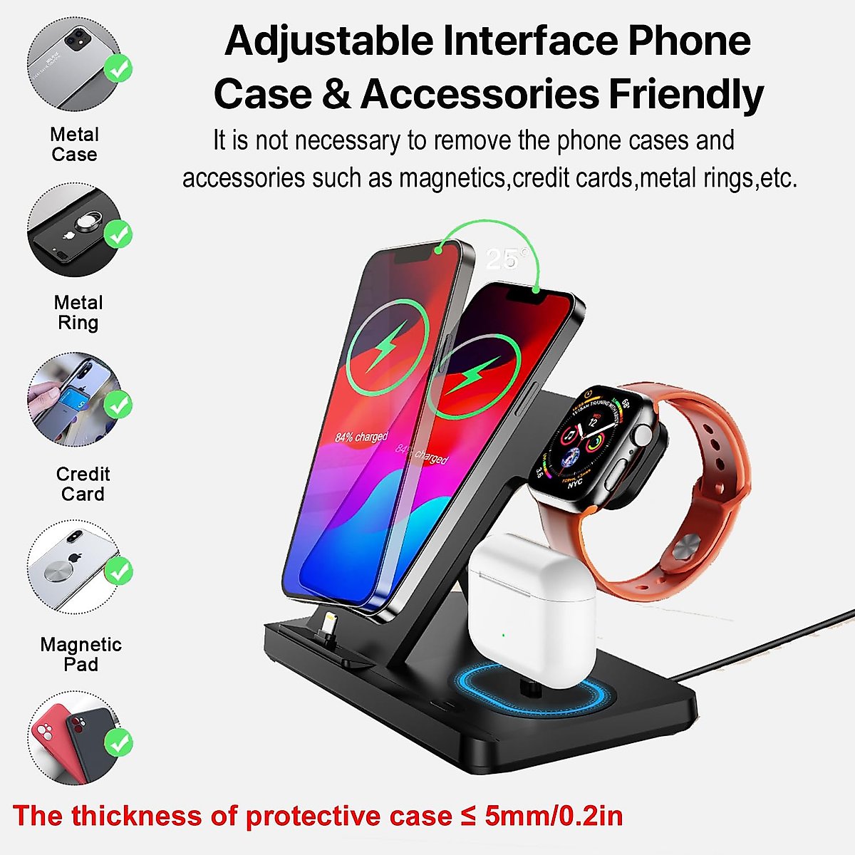 Charging Station for iPhone Multiple Devices, Foldable 3 in 1 Fast Charging Stand Dock for AirPods & iPhone 14 13 12 11 Pro X Max XS XR 8 7 Plus 6, Apple Watch Charger for Apple Watch with Adapter