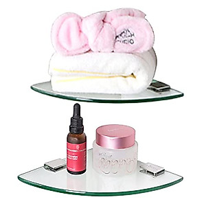 Bathroom Shelves Glass Corner Shelf 2Pcs, glrovazas Quarter Round Glass Shower Shelf Tempered Glass Shampoo Basket Holder with Screws, Bathroom Storage Rack Wall Mounted (7.8 x 7.8inch (20cm))