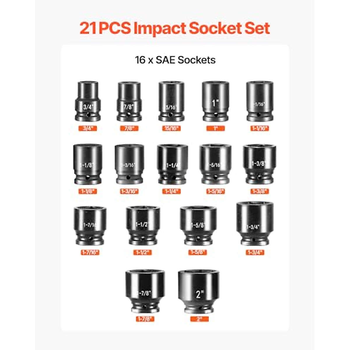 VEVOR Impact Socket Set 3/4 Inches 21 Piece Standard Impact Sockets, Socket Assortment 3/4 Inches Drive Socket Set Impact Standard SAE Sizes 3/4 Inches to 2 Inches Includes Adapters and Ratchet Handle