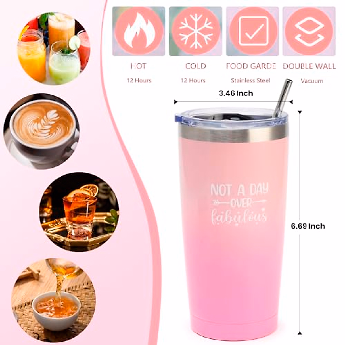 20oz Insulated Tumblers with Lid & Straw, Makeup Bag, 7oz Scented Candles Birthday Gifts Sets for Women, Care Package for Women Gifts Rose Scented Candles, Get Well Soon Gifts Baskets for Women