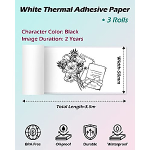 Phomemo White Adhesive Thermal Sticker Paper 50mm, Compatible With Phomemo T02/M02/M02S/M02 PRO/M04S/M04AS Mini Thermal Printer, Black Text, 3 Rolls, Suitable For Notes, List, Sticker