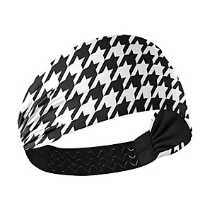 Unisex Workout Headbands Houndstooth-Tartan-Black-White Elastic Yoga Sweatband Stretchy Sports Hairband