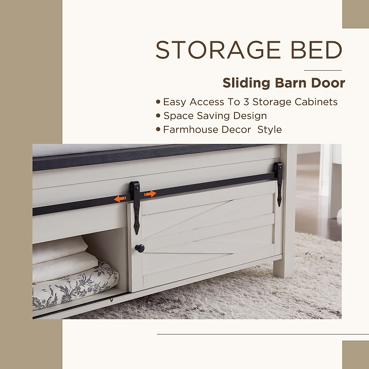 JXQTLINGMU Farmhouse Wood Bed Frame Queen Size with Sliding Barn Door Storage Cabinets and Headboard, Solid Wood Slats Support, Noiseless, No Box Spring Needed, Antique White
