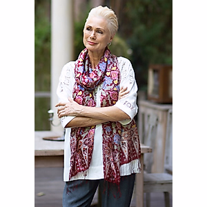 NOVICA Artisan Handmade | 100% Silk Batik Shawl Artisan Wrap Red Shawl | Lightweight Silk Shawl | Handmade Silk Batik Shawl | Travel Silk Shawl | Silk Scarf For Women | Patterned Floral Wine Garden