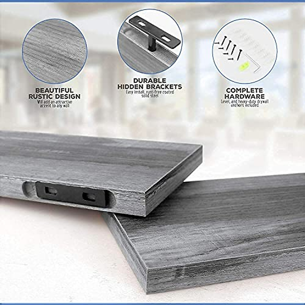 Under.Stated Floating Shelves, Wall Hanging Shelf Set of 3 for Living Room, Office, Kitchen, Bathroom &, Perfect Home Room Wall Decor, Farmhouse Gray