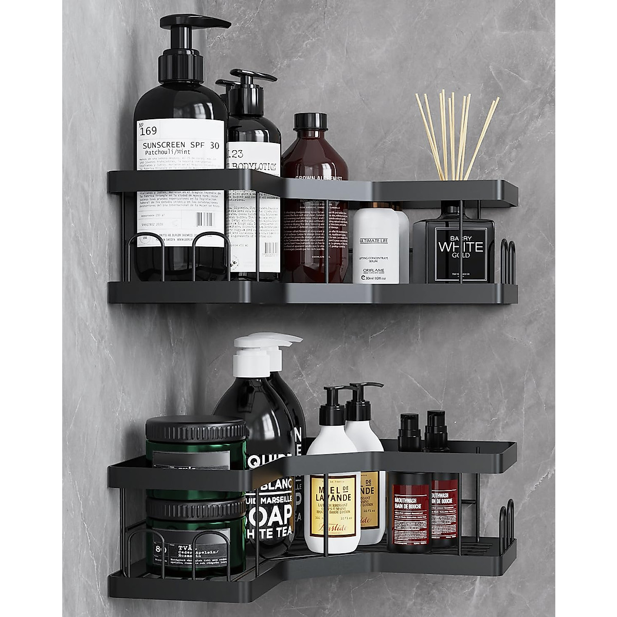 Shower Caddy, 2 Pack Bathroom Shelves, Adhesive Shower Shelf No Drilling, Black Shower Storage, Shower Organiser, Rust-Resistant Shower Caddy Corner, Shower Soap Holder, Bathroom Accessory