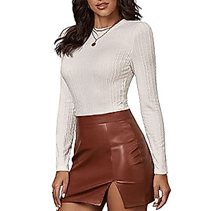 Verdusa Women's Basic Mock Neck Slim Fitted Pullovers Long Sleeve Tee Tops Cream White Textured S