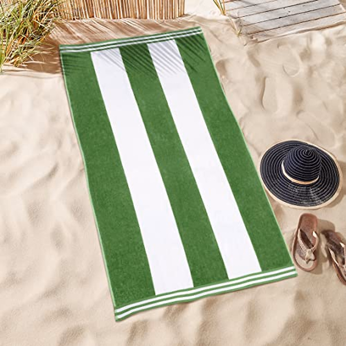 SUPERIOR 100% Oversized Striped Cotton Beach Towel Set, Basics Beach Towels for Bathroom, Dorm, Beach, Camping, Pool, Swimming, Kids, Vacation, Cabana Collection, 34" x 64", Green