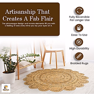 GRUHUM Handwoven 4ft Jute Area Rug-Natural Fiber Round Handmade Boho Farmhouse Rustic Vintage Soft Braided Reversible Rug-Indoor EcoFriendly Kitchen Bedroom Living Room Hallways Enterways 4'feet Round
