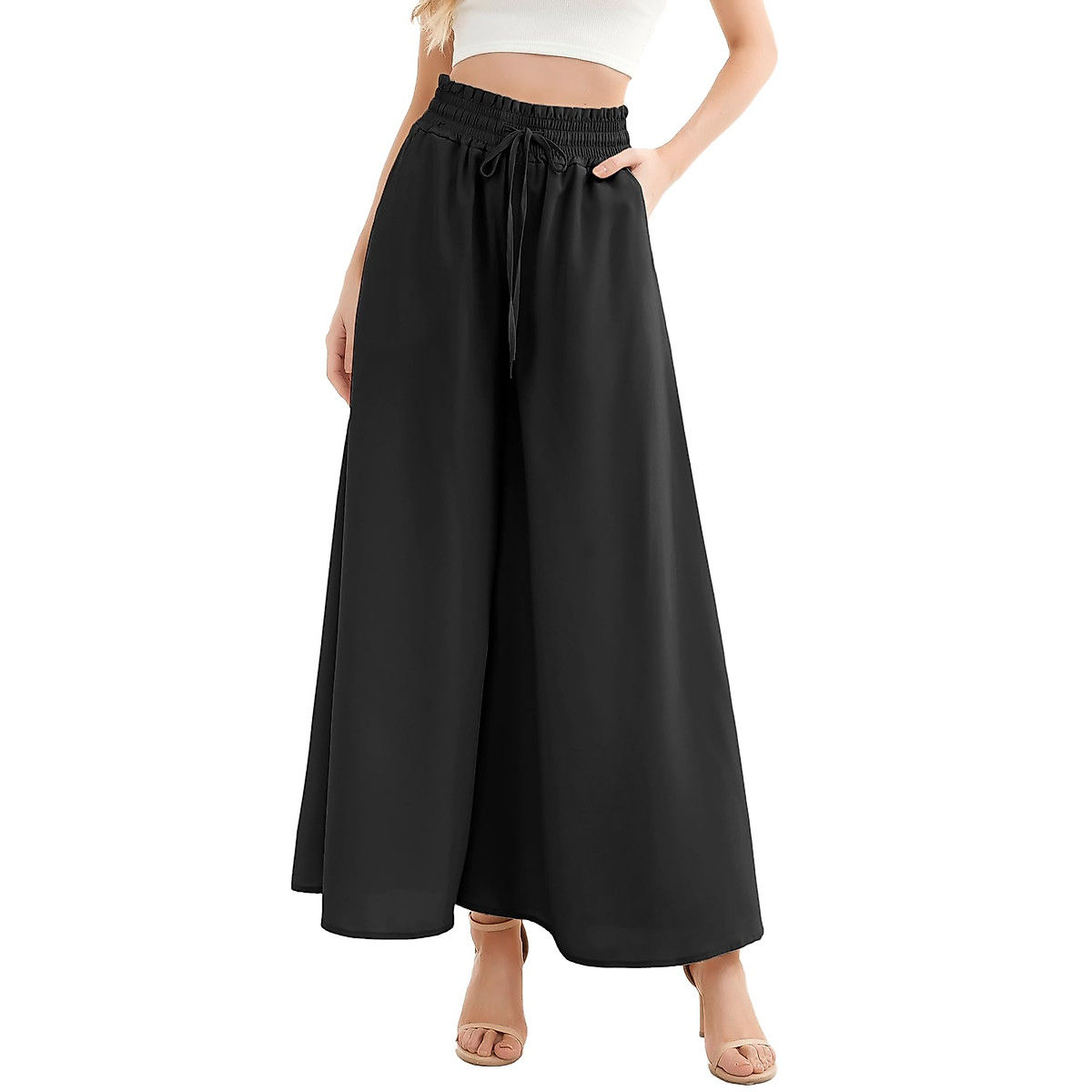 GOUCEHN Women Wide Leg Pants Casual High Waisted Long Palazzo Pants Drawstring Flowy Trouser (Black, Small)