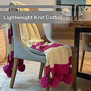 Knit Pink Throw Blankets for Couch- 50x60 Inches , Reversible Woven Cotton Striped Soft Throw Blanket for Bed with Pom Pink & Cream Full